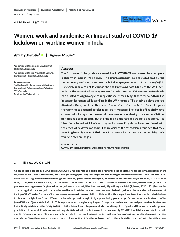 (PDF) Women, work and pandemic: An impact study of COVID‐19 lockdown on ...