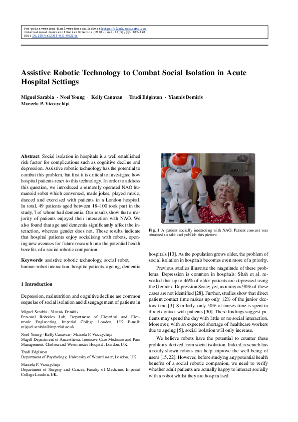 (PDF) Assistive Robotic Technology to Combat Social Isolation in Acute ...
