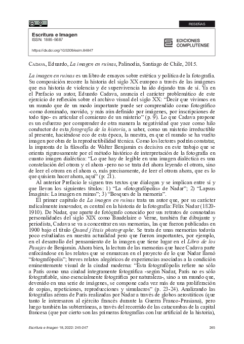 (PDF) Reseña: Cadava, Eduardo, La imagen en ruinas, Palinodia, Santiago ...