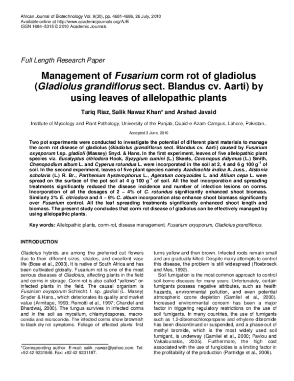 (PDF) Management of Fusarium corm rot of gladiolus (Gladiolus ...