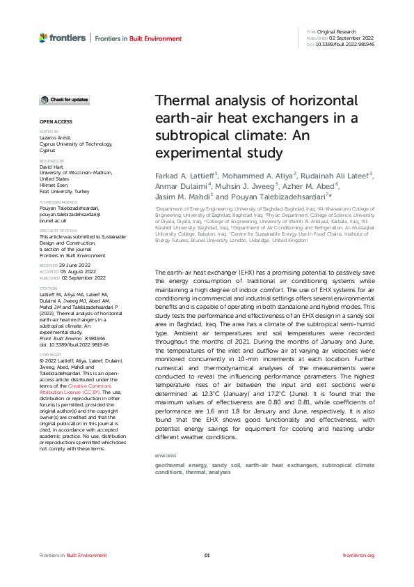 (PDF) Thermal analysis of horizontal earth-air heat exchangers in a ...