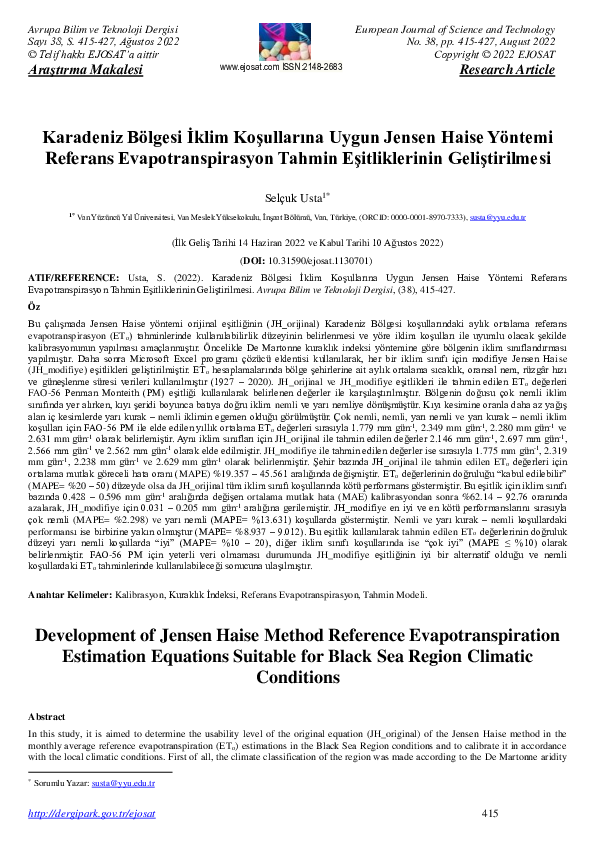 (PDF) Development of Jensen Haise Method Reference Evapotranspiration Estimation Equations ...