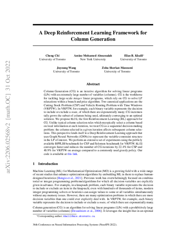 (PDF) A Deep Reinforcement Learning Framework For Column Generation