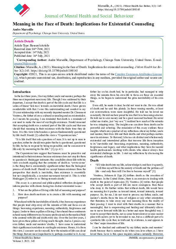 (PDF) Meaning in the Face of Death: Implications for Existential Counseling