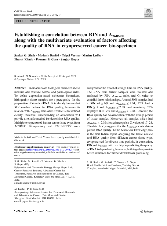 (PDF) Establishing a correlation between RIN and A260/280 along with ...