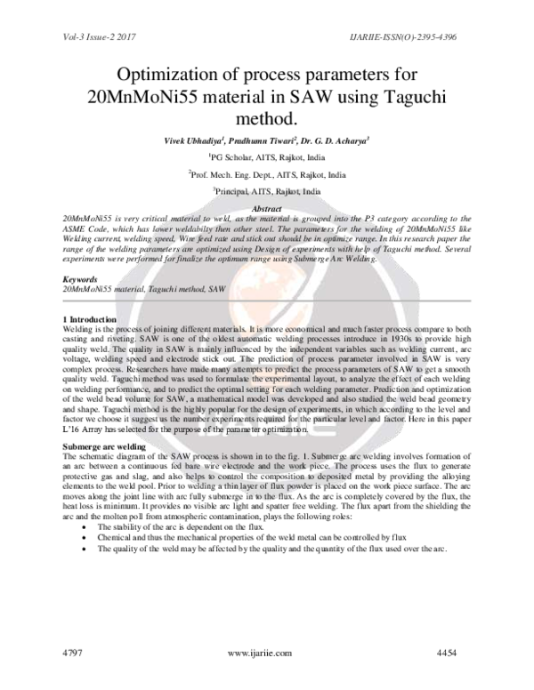 (PDF) Optimization of process parameters for 20 MnMoNi 55 material in SAW using Taguchi method
