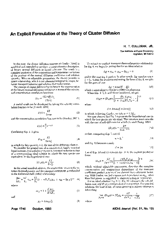 (PDF) An explicit formulation of the theory of cluster diffusion