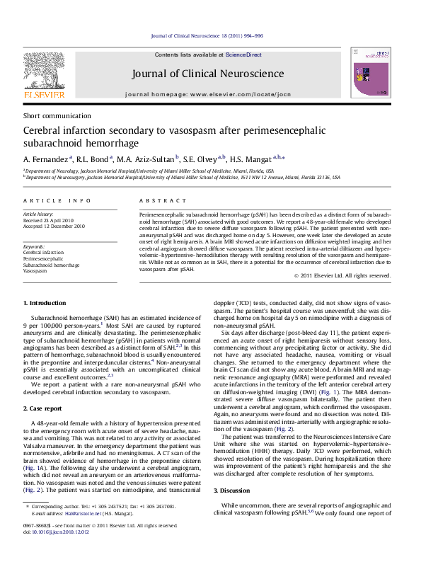 (PDF) Cerebral infarction secondary to vasospasm after perimesencephalic subarachnoid hemorrhage