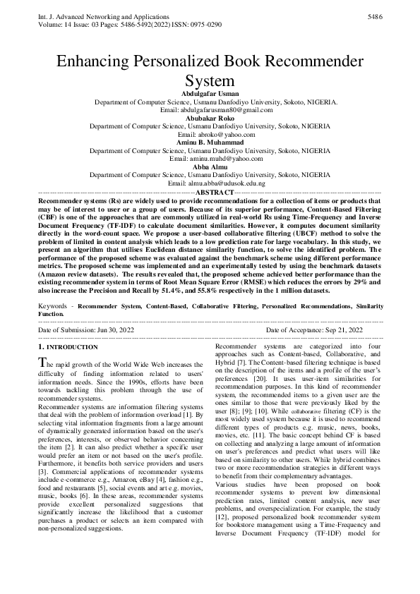 (PDF) Enhancing Personalized Book Recommender System