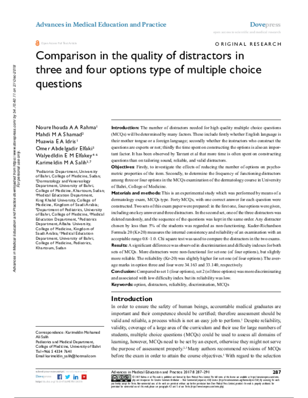 (PDF) Quality of Distractors in MCQs: 3 vs. 4 Options