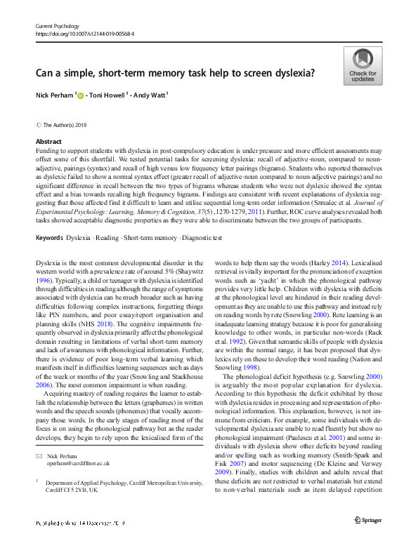(PDF) Can a simple, short-term memory task help to screen dyslexia?