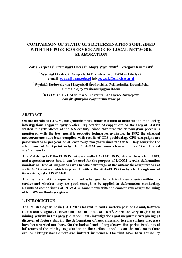 (PDF) Comparison of Static GPS Determinations Obtained with the Pozgeo ...