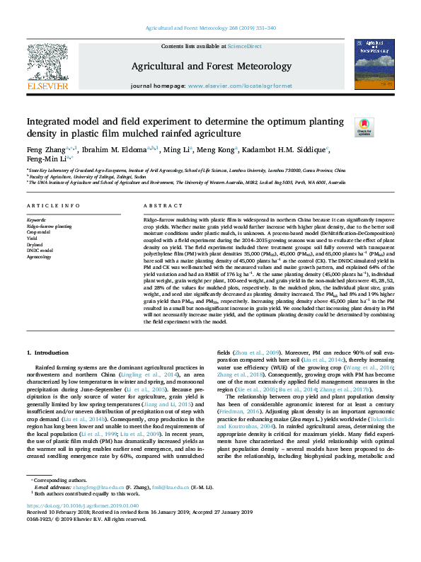 (PDF) Integrated model and field experiment to determine the optimum planting density in plastic ...