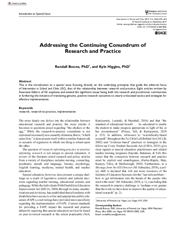 (PDF) Addressing the Continuing Conundrum of Research and Practice