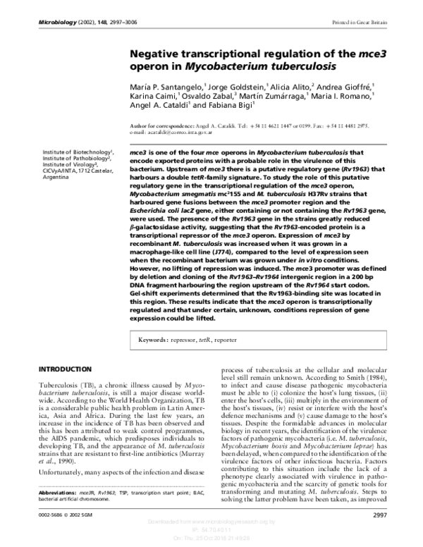 (PDF) Negative transcriptional regulation of the mce3 operon in ...