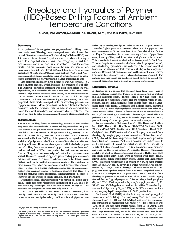 (PDF) Rheology and Hydraulics of Polymer (HEC) Based Drilling Foams at ...