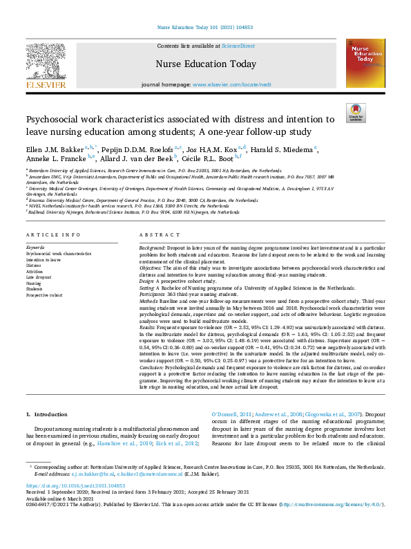 (PDF) Psychosocial work characteristics associated with distress and intention to leave nursing ...