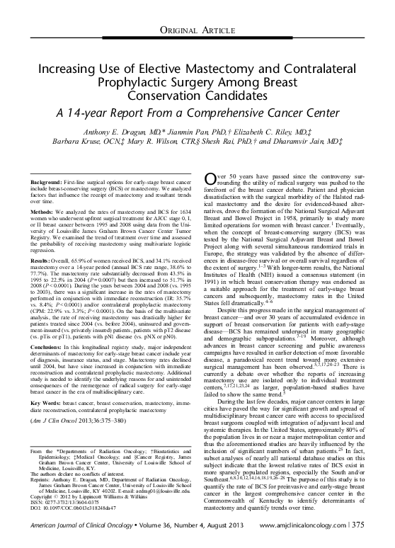 (PDF) Increasing Use of Elective Mastectomy and Contralateral ...
