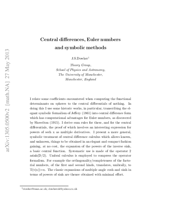 (PDF) Central differences, Euler numbers and symbolic methods