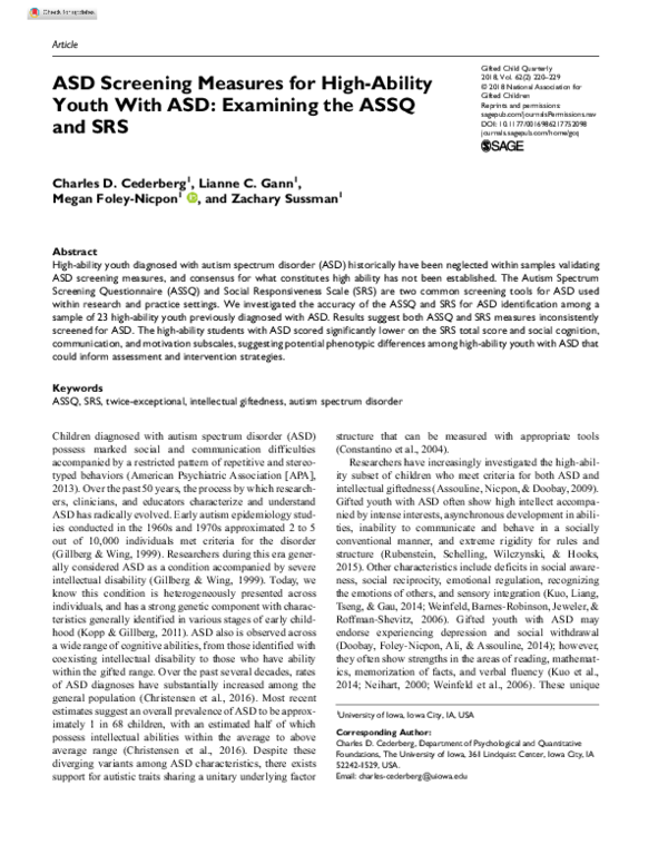 (PDF) Screening ASD in High-Ability Youth: ASSQ & SRS