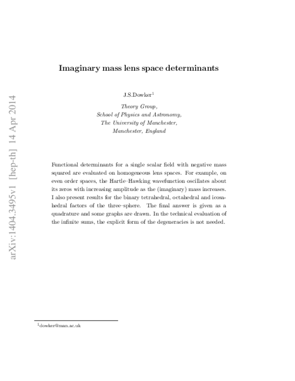(PDF) Imaginary mass lens space determinants | Stuart Dowker - Academia.edu