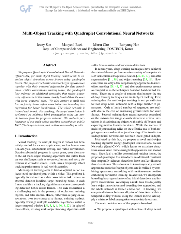 (PDF) Multi-object Tracking with Quadruplet Convolutional Neural Networks