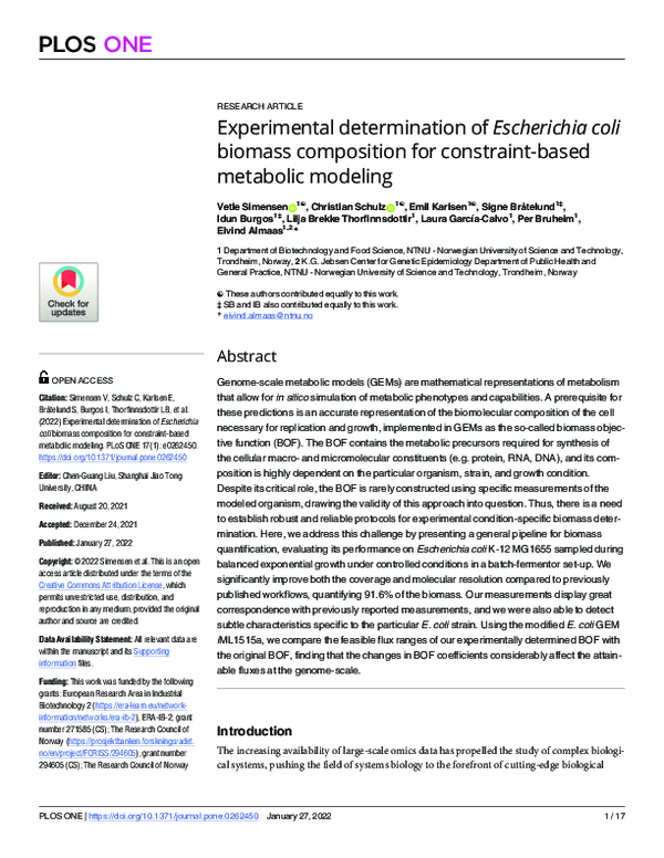 (PDF) Experimental determination of Escherichia coli biomass composition for constraint-based ...
