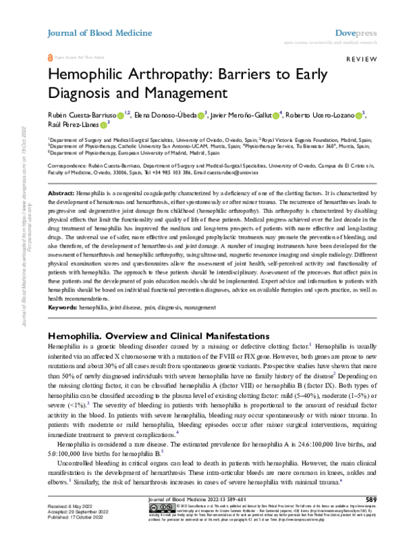 (PDF) Hemophilic Arthropathy: Barriers to Early Diagnosis and Management