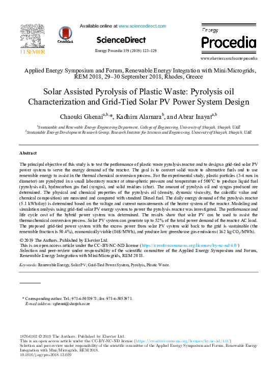 (PDF) Solar Assisted Pyrolysis of Plastic Waste: Pyrolysis oil Characterization and Grid-Tied ...