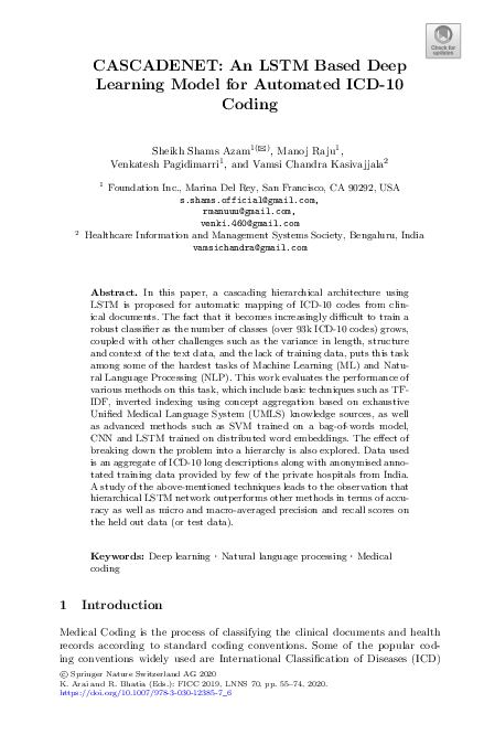 (PDF) CASCADENET: An LSTM Based Deep Learning Model for Automated ICD-10 Coding
