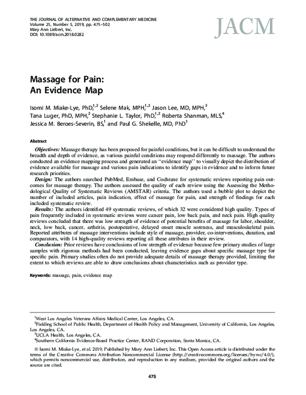 Massage for Pain: An Evidence Map