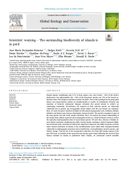 (PDF) Scientists’ warning – The outstanding biodiversity of islands is in peril