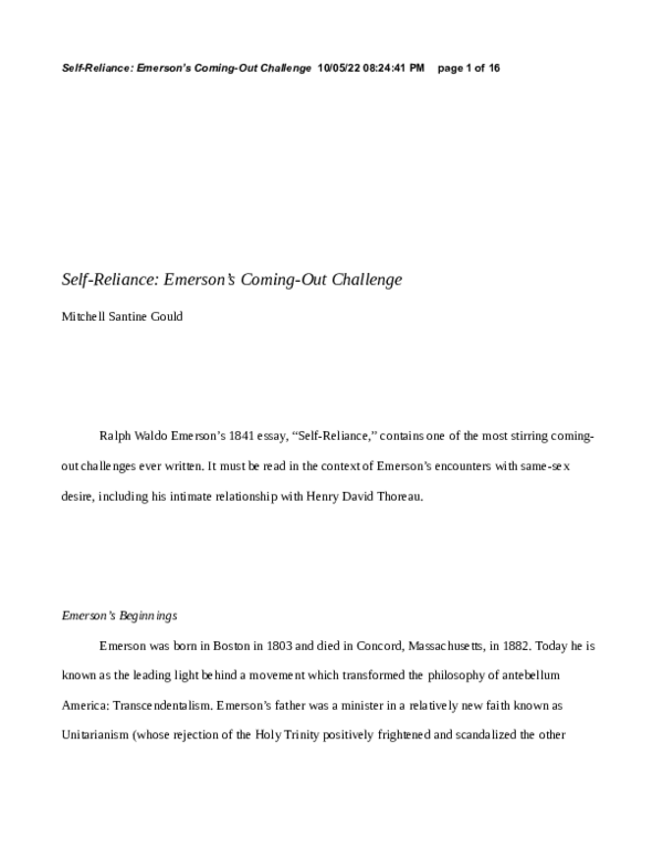 (DOC) Self-Reliance: Emerson's Coming-Out Challenge