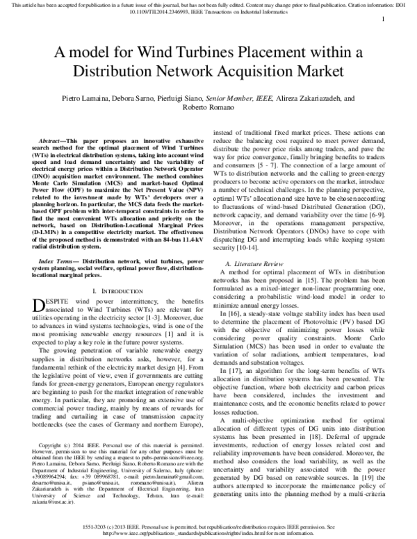 (PDF) A Model for Wind Turbines Placement Within a Distribution Network Acquisition Market