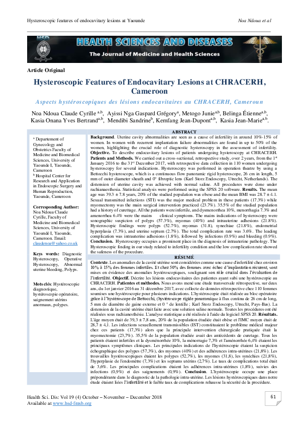 (PDF) Hysteroscopic Features of Endocavitary Lesions at CHRACERH, Cameroon