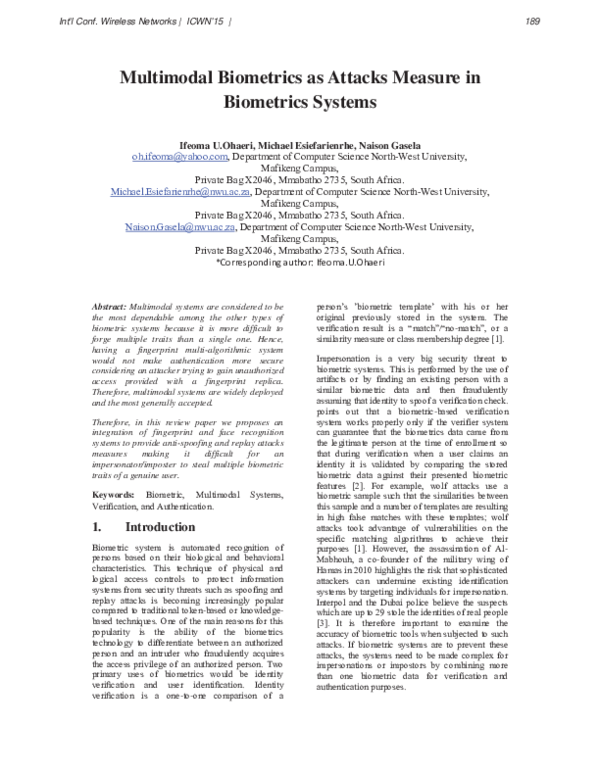 Pdf Multimodal Biometrics As Attacks Measure In Biometrics Systems