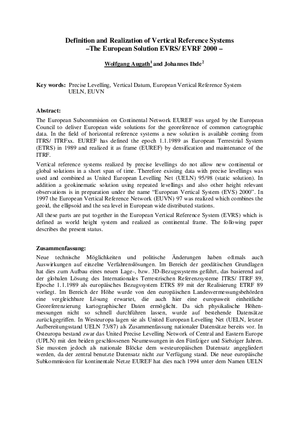 (PDF) Definition and Realization of Vertical Reference Systems -The ...