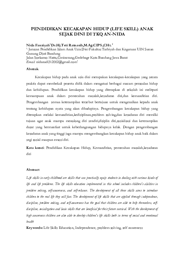 (PDF) PENDIDIKAN KECAKAPAN HIDUP (LIFE SKILL) ANAK SEJAK DINI DI TKQ AN-NIDA