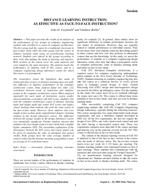(PDF) 1 Distance Learning Instruction: As Effective as Face-To-Face Instruction?