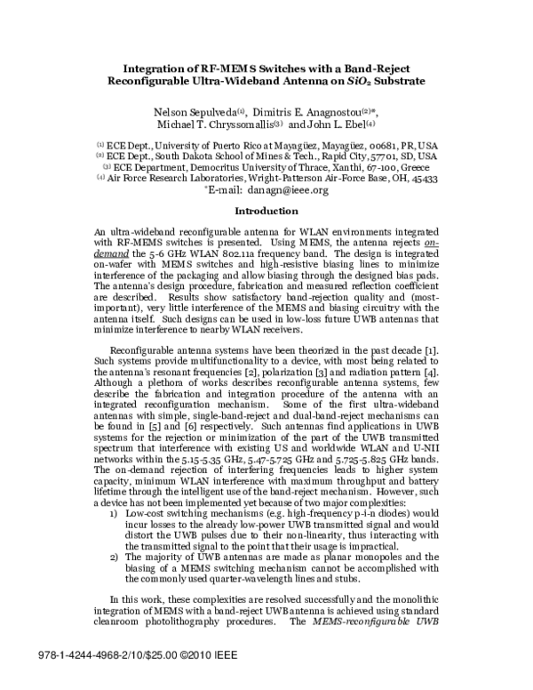 Pdf Integration Of Rf Mems Switches With A Band Reject Reconfigurable Ultra Wideband Antenna