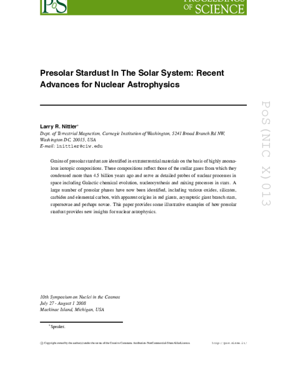 (PDF) Presolar Stardust In The Solar System: Recent Advances for ...