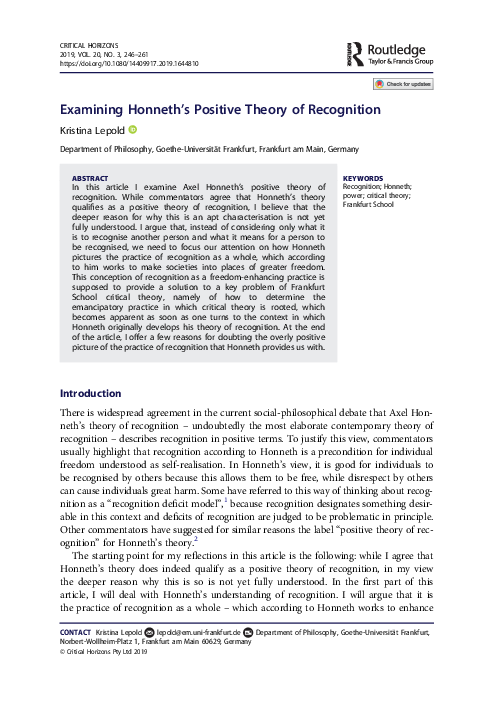 (PDF) Examining Honneth's Positive Theory of Recognition