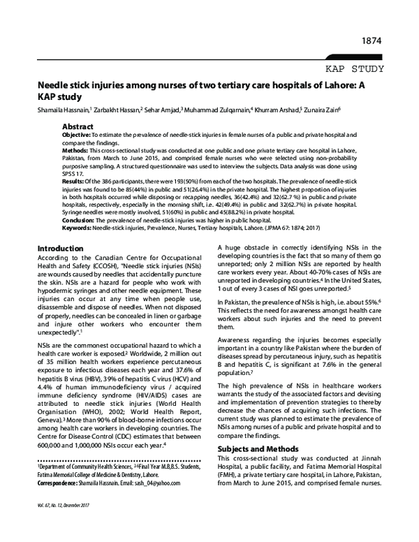 (PDF) Needle stick injuries among nurses of two tertiary care hospitals ...