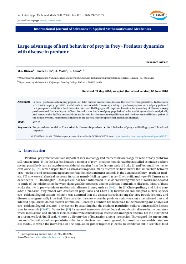 (PDF) Large advantage of herd behavior of prey in Prey-Predator dynamics with disease in ...