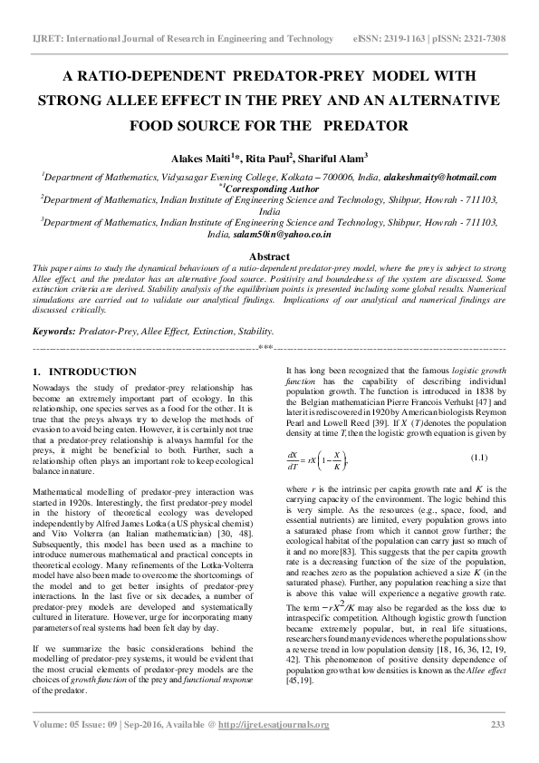 (PDF) A Ratio-Dependent Predator-Prey Model with Strong Allee Effect in ...