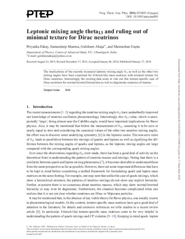 (PDF) Leptonic mixing angle theta13 and ruling out of minimal texture ...