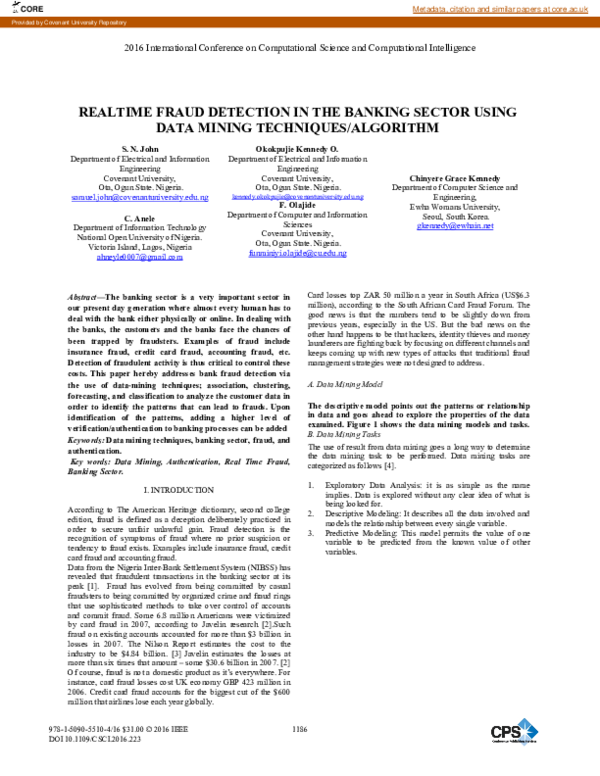 Pdf Realtime Fraud Detection In The Banking Sector Using Data Mining Techniquesalgorithm 