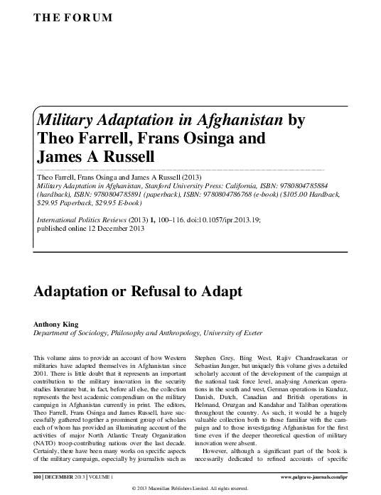 (PDF) Military Adaptation in Afghanistan by Theo Farrell, Frans Osinga ...