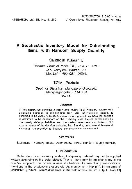 Pdf A Stochastic Inventory Model For Deteriorating Items With Random Supply Quantity