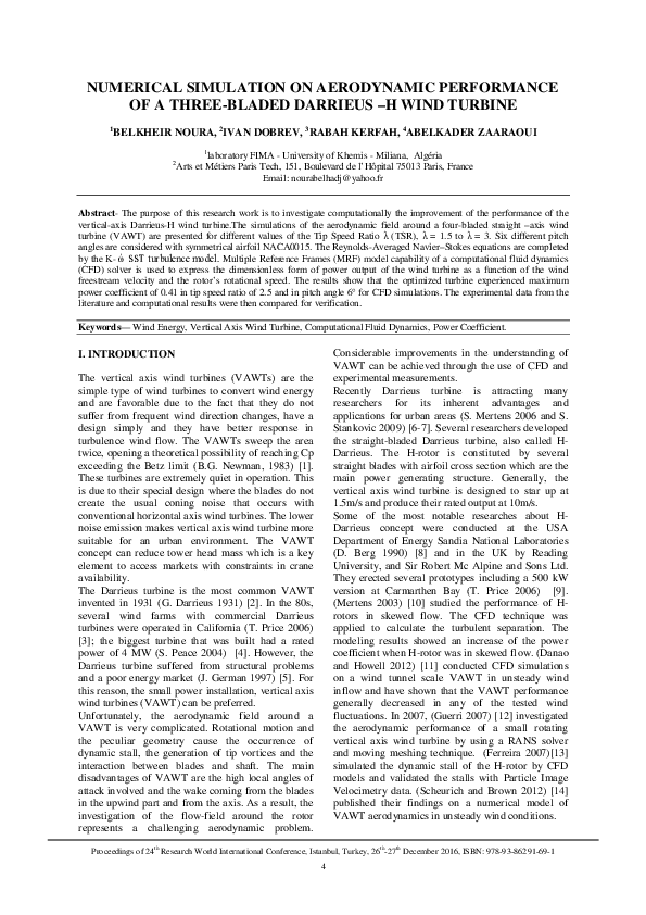 Pdf Numerical Simulation On Aerodynamic Performance Of A Three Bladed Darrieus H Wind Turbine 1